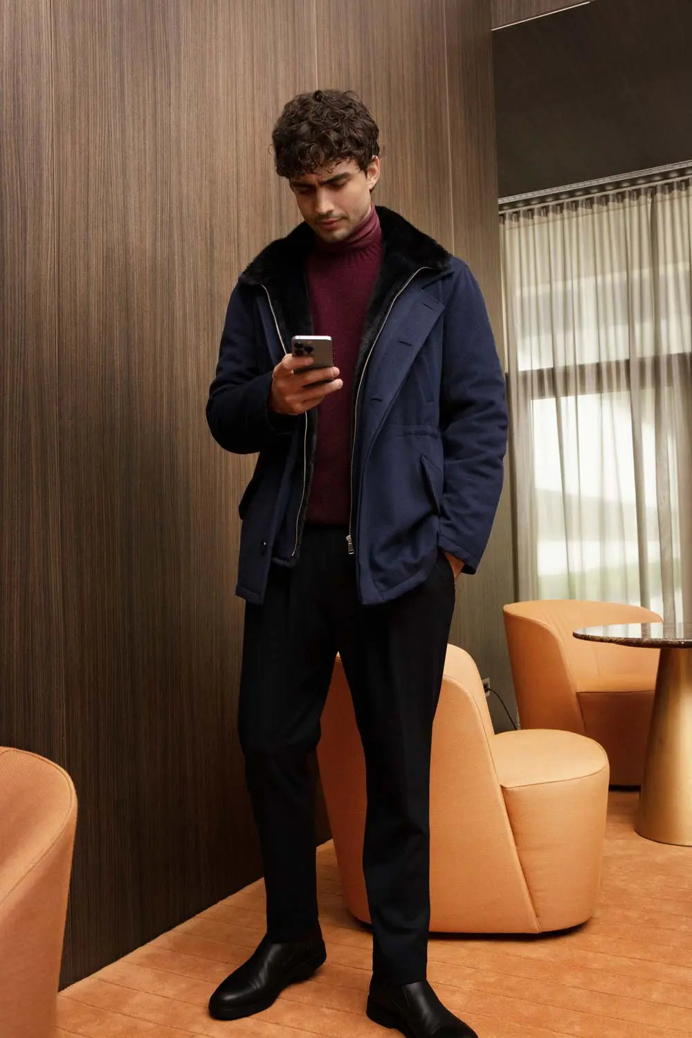 Mens blue jacket with fur collar | Paolo Moretti since 1949 made in ...